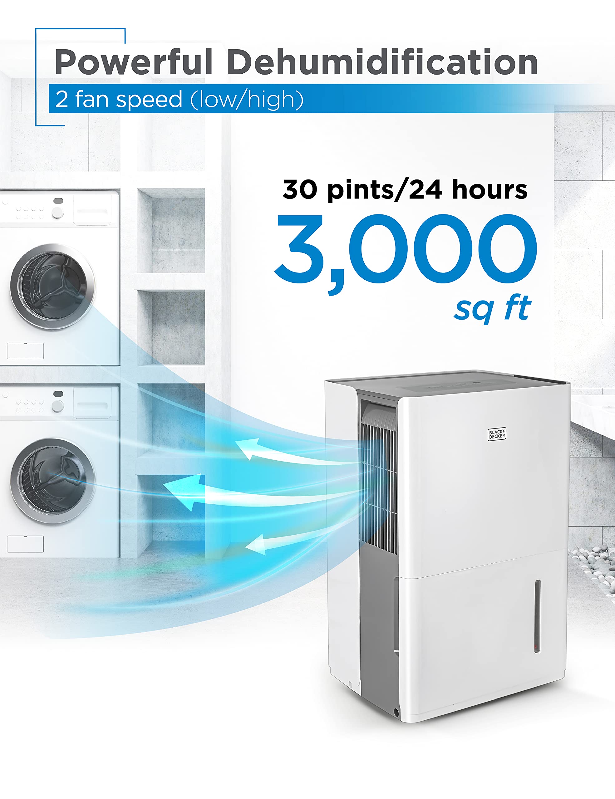 BLACK+DECKER 3000 Sq. Ft. Dehumidifier for Large Spaces and Basements, Energy Star Certified, BD30MWSA, White