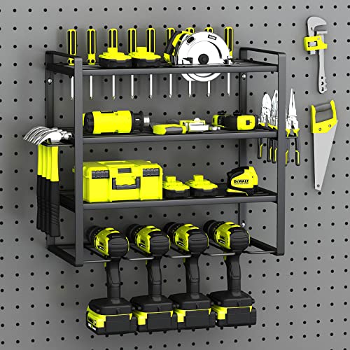 Power Tool Organizer, 4 Layers Garage Tool Organizers and Storage,Drill Holder Wall Mount, Storage Rack for Cordless Drill, Heavy Duty Tool shelf with Screwdriver Holder/Pliers Holder/Hammer Holder
