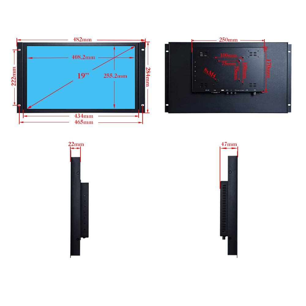 iChawk 19'' inch PC Monitor 1440x900 16:10 Widescreen HDMI-in USB Mteal Case Embedded Open Frame Wall-Mounted Industrial 4 Wires Resistive Touch LCD Screen Display with Built-in Speaker K190MT-592R
