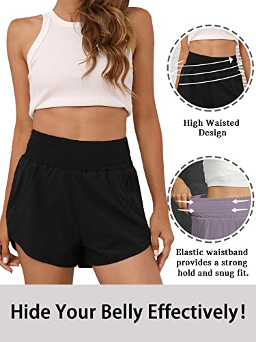 BMJL Women's Athletic Shorts High Waisted Running Shorts Pocket Sporty Shorts Gym Elastic Workout Shorts(L,Black)