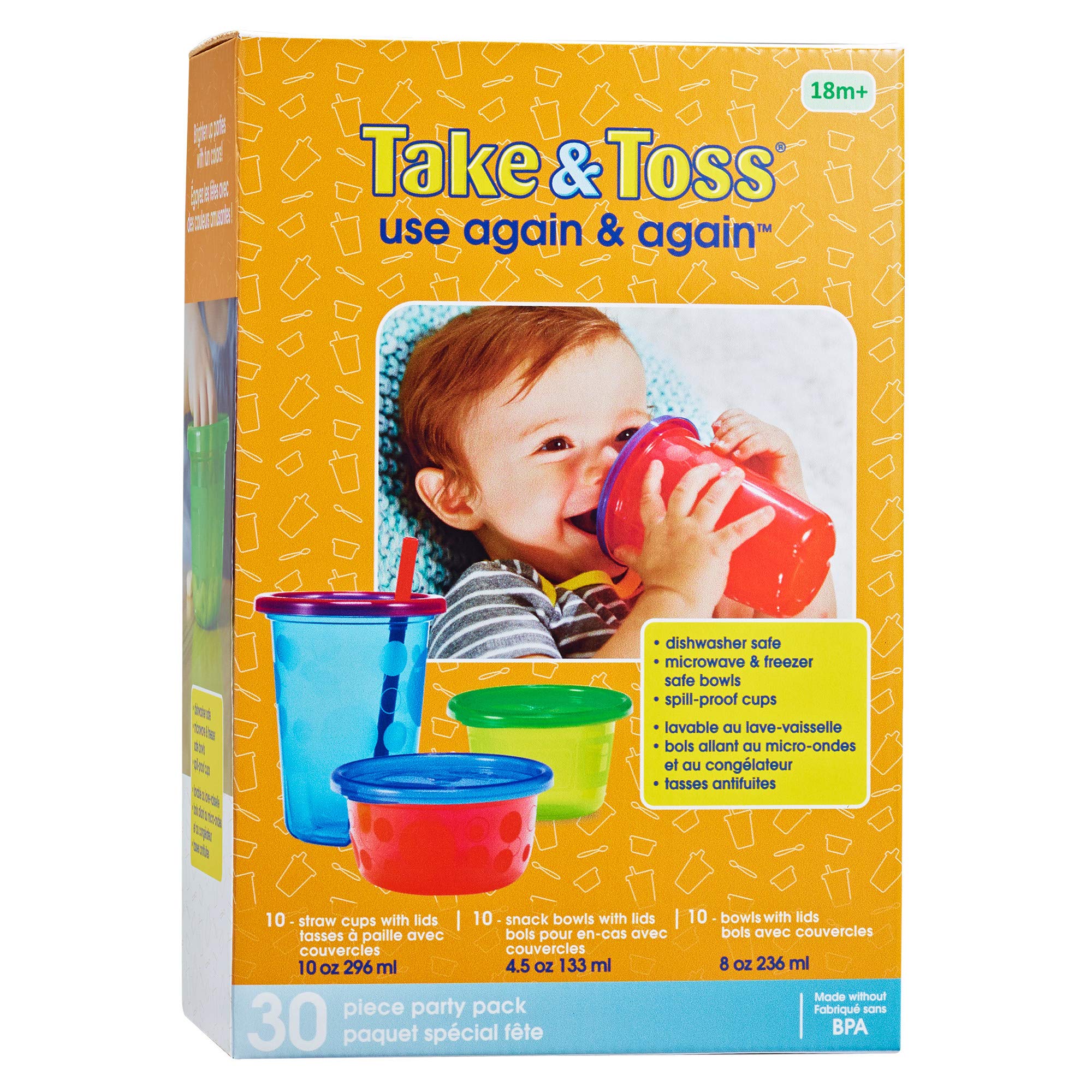 The First Years Take & Toss Spill Proof Party Pack - Rainbow Party Pack - Toddler Straw Cups, Kids Bowls, and Snack Cups - Ages 18 Months and Up - 30 Count
