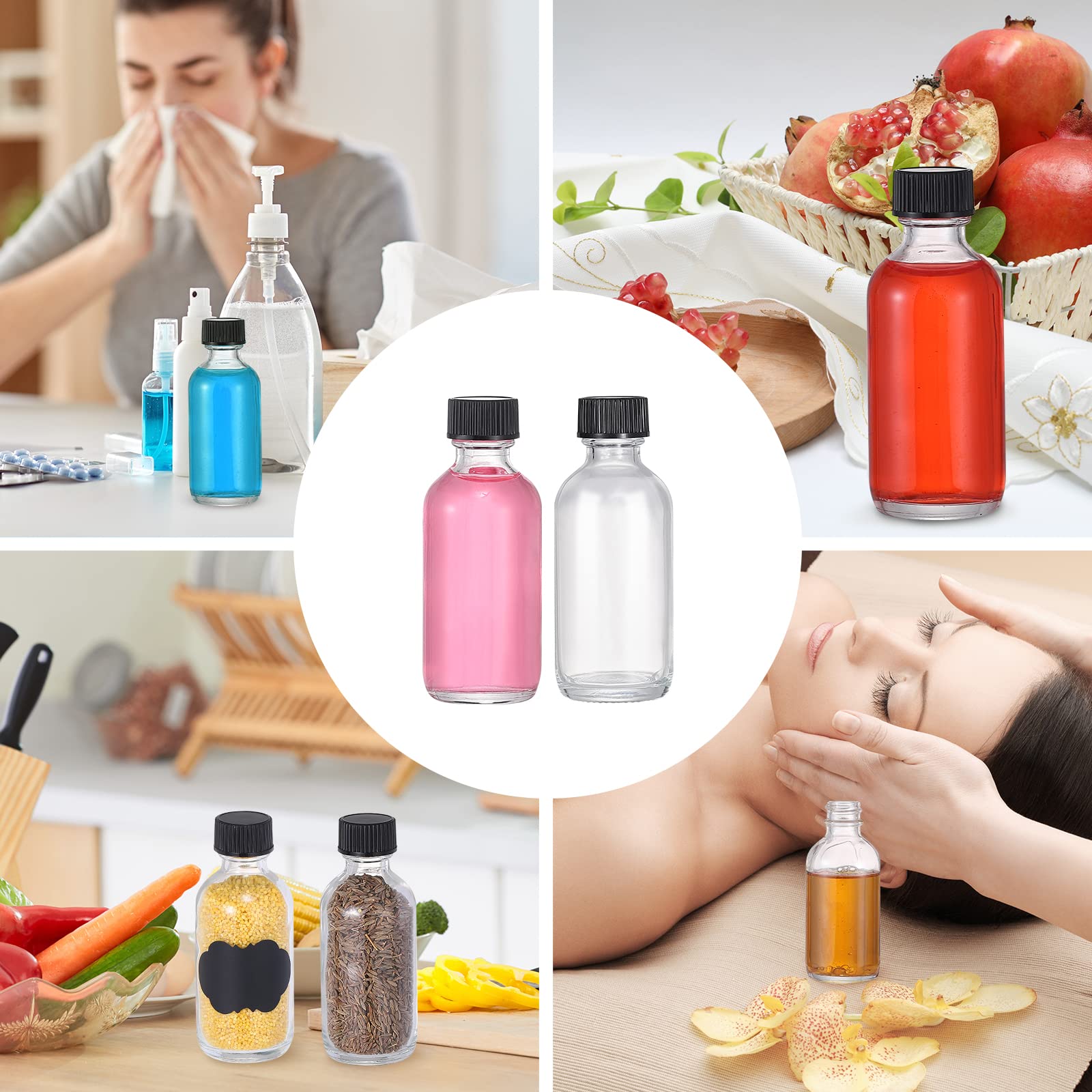 72, 2oz Small Clear Glass Bottles with Lids Boston Round Sample Bottles for Essential Oil Vanilla Hot Sauce Juice Whiskey Bourbon Liquid come with 5 Funnels,5 Droppers,72 Labels,1Brush&Chalk Marker