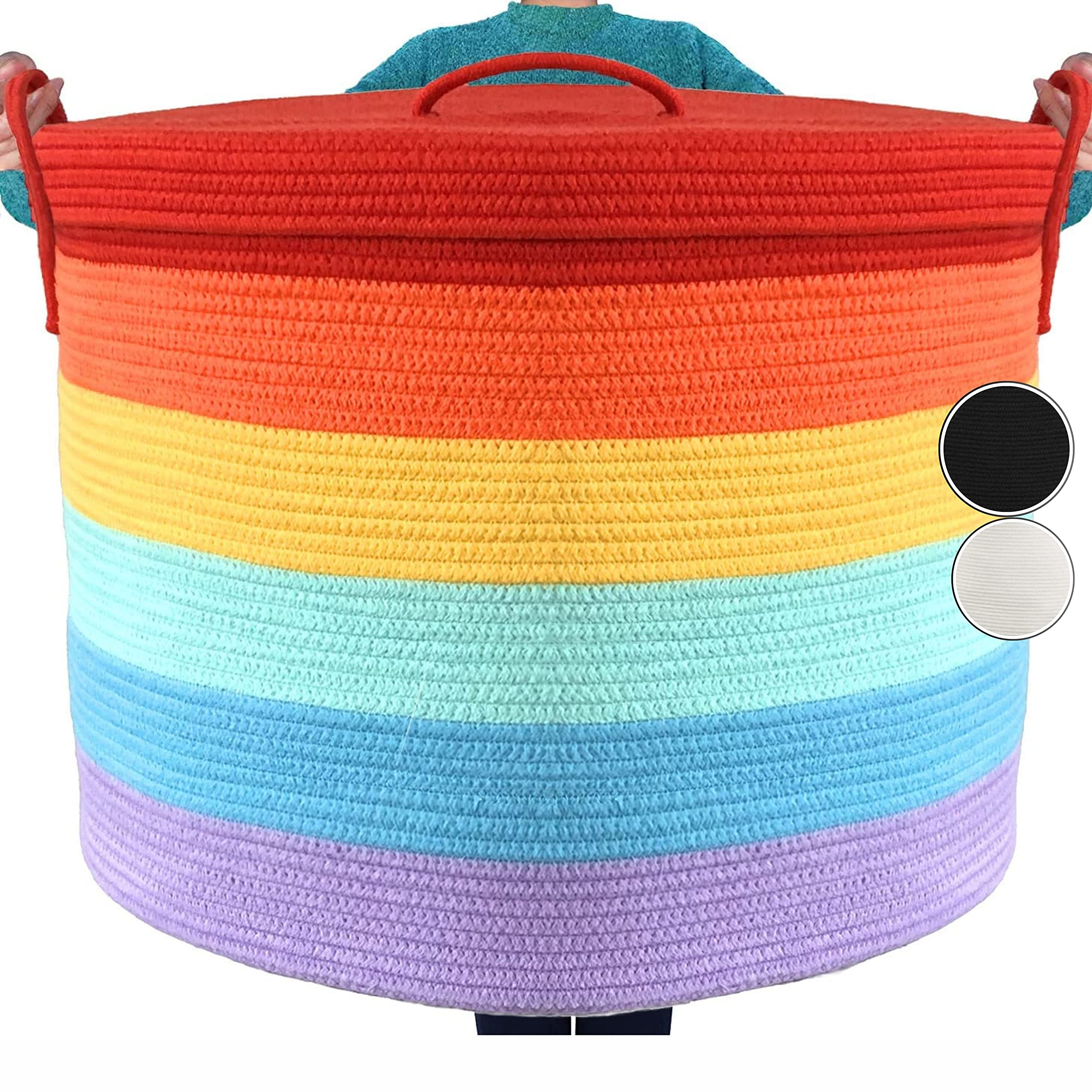 À Mes Petits 22"x16" Rainbow Rope Basket with Lid, Extra Large Rope Basket, Rainbow Basket, Cotton Rope Basket with Lid, Rainbow Decor, Rainbow Classroom Décor, Rainbow Storage