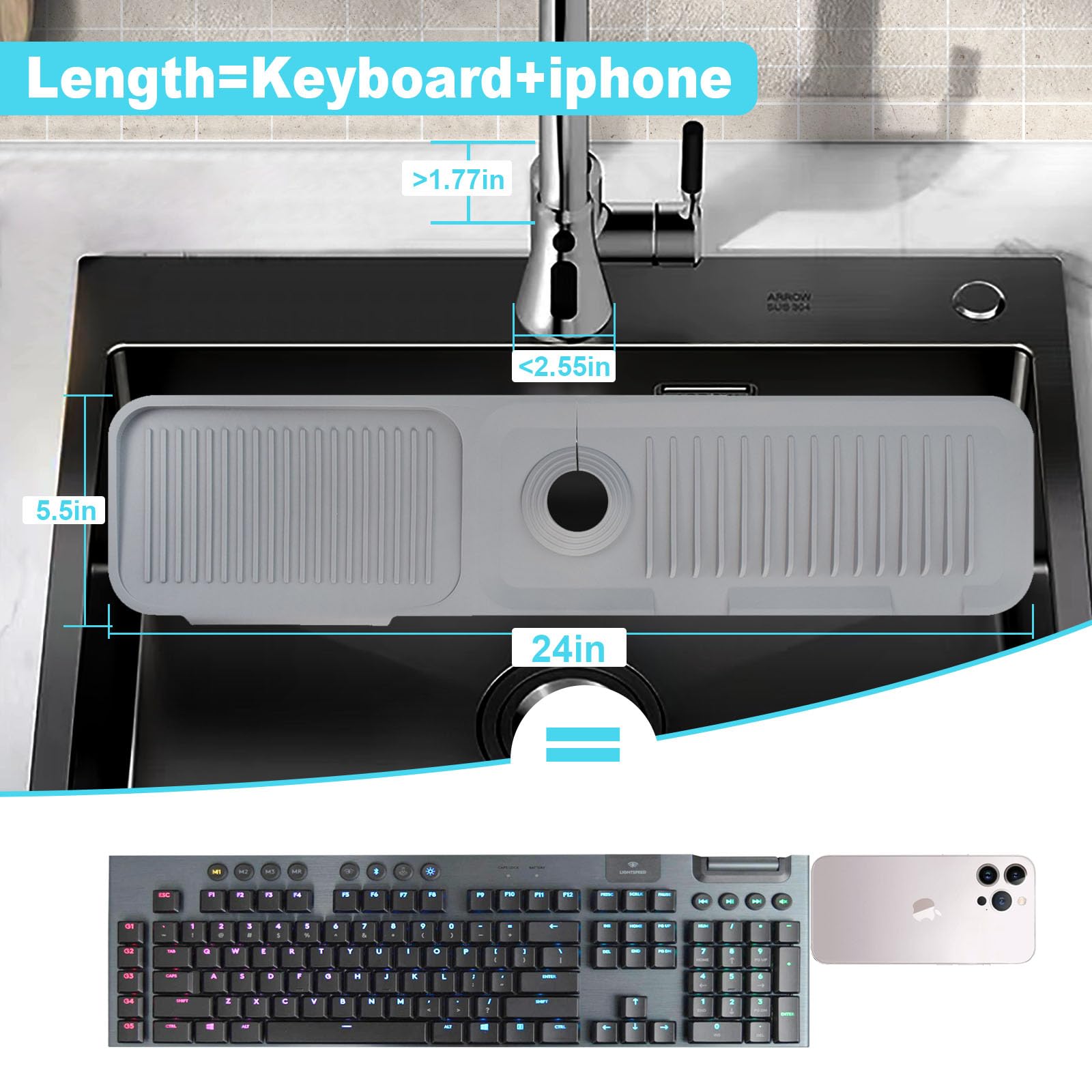 5°slope kitchen sink splash guard-gray silicone faucet mat handle drip catcher tray behind faucet with soap dispenser hole-1pc water clear gadgets for sink accessories 5 by 24inch long organizer