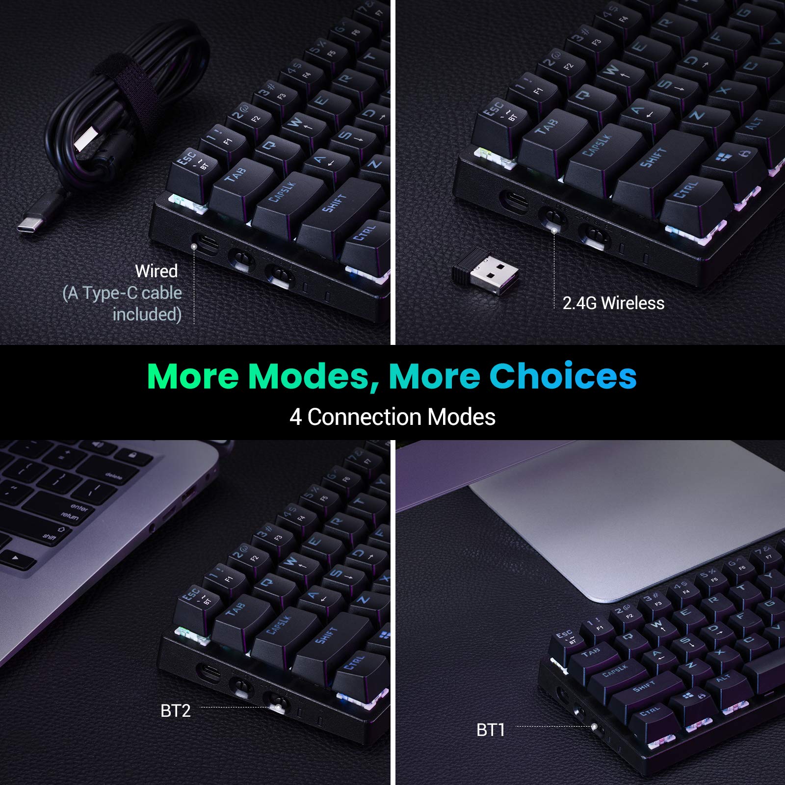 60% Wireless Mechanical Keyboard, RGB Backlit Rechargeable Gaming Keyboard, Blue Switch, Compact Small Multi-Device Bluetooth Keyboard, Portable Keyboard with Customization Light for PC Mac Gamer