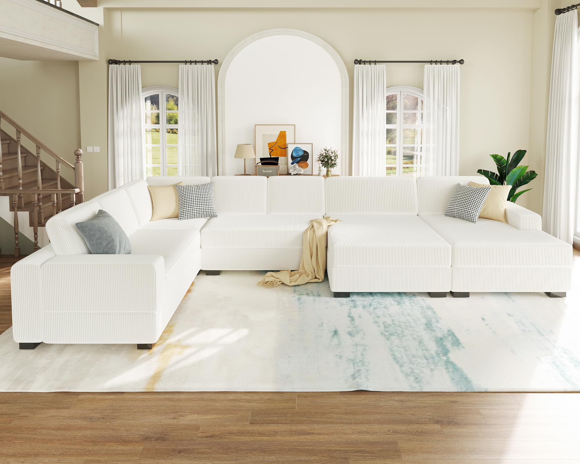 AMERLIFE 162Inch Oversized Sectional Sofa, U Shape Couch with Corner Seat, Corner Sofa with Right Facing Oversized Double Chaise, Large Sofa for Living Room, White Corduroy