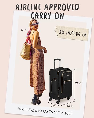 BAGSMART Carry On Luggage 20 Inch,Softside Expandable Suitcase with Spinner Wheels, Travel Luggage Airline Approved Rolling Lightweight Suitcases with Front Pocket for Women Men,Black Carry-On(Black)