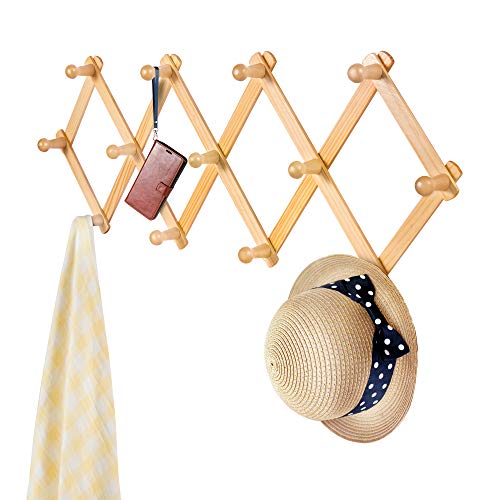 Prairie Star Wooden Wall Hanger Expandable Coat Rack Accordion Design 13 Peg Hooks Storage Caps,Purses,Hats,Scarves,Mug,Towels,Umbrella Accessories
