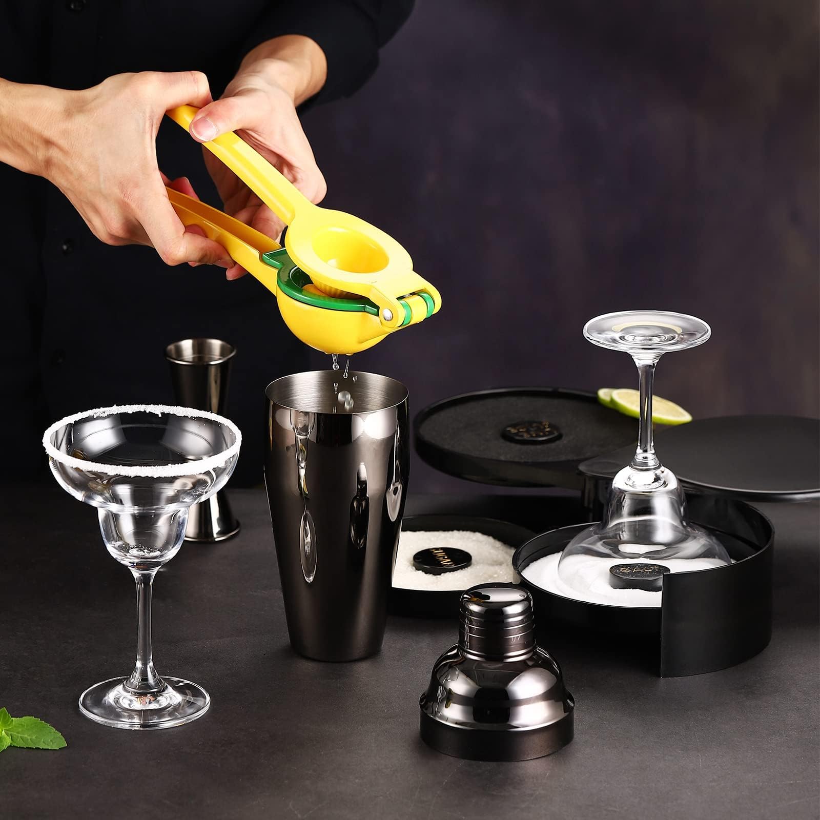 USEEKRIL Margarita Kit - Set of 2 Margarita Glasses (8.5oz), 3-Tier Salt Rimmer, Stainless Cocktail Shaker & Jigger, Coasters,Cocktails Cards,Citrus Squeezer and More - Margarita Kit Gift Set