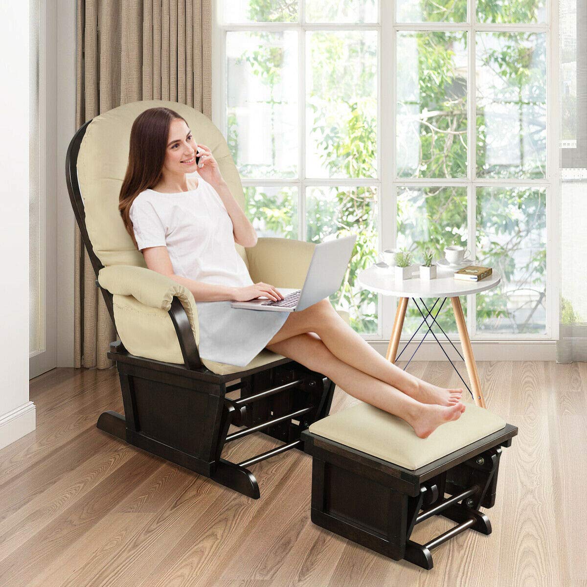Enjoy Relaxing Home, Office, Sofa Recliner Deluxe Ergonomic Rocking Chair Lounge Glider Ottoman w/Footrest, Beige Brown