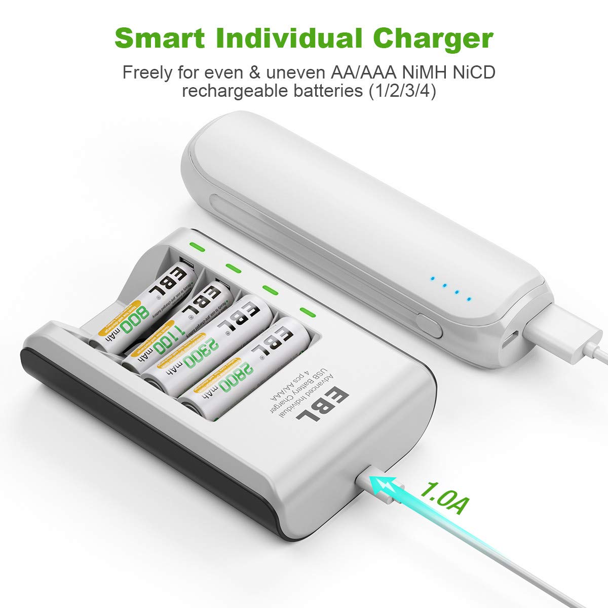 EBL AAA Rechargeable Batteries 1100 mAh (8 Packs) with Smart C807 Battery Charger and Micro USB Charging Cable