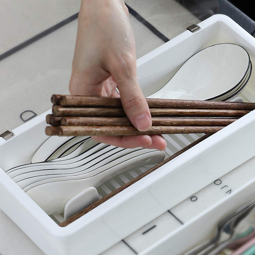 AIYoo Large Flatware Tray with Lid,Kitchen Cutlery and Utensil Drawer Organizer, Silverware Countertop Storage Container with Cover and Drainer,Camper Picnic Cutlery Holder,Plastic White