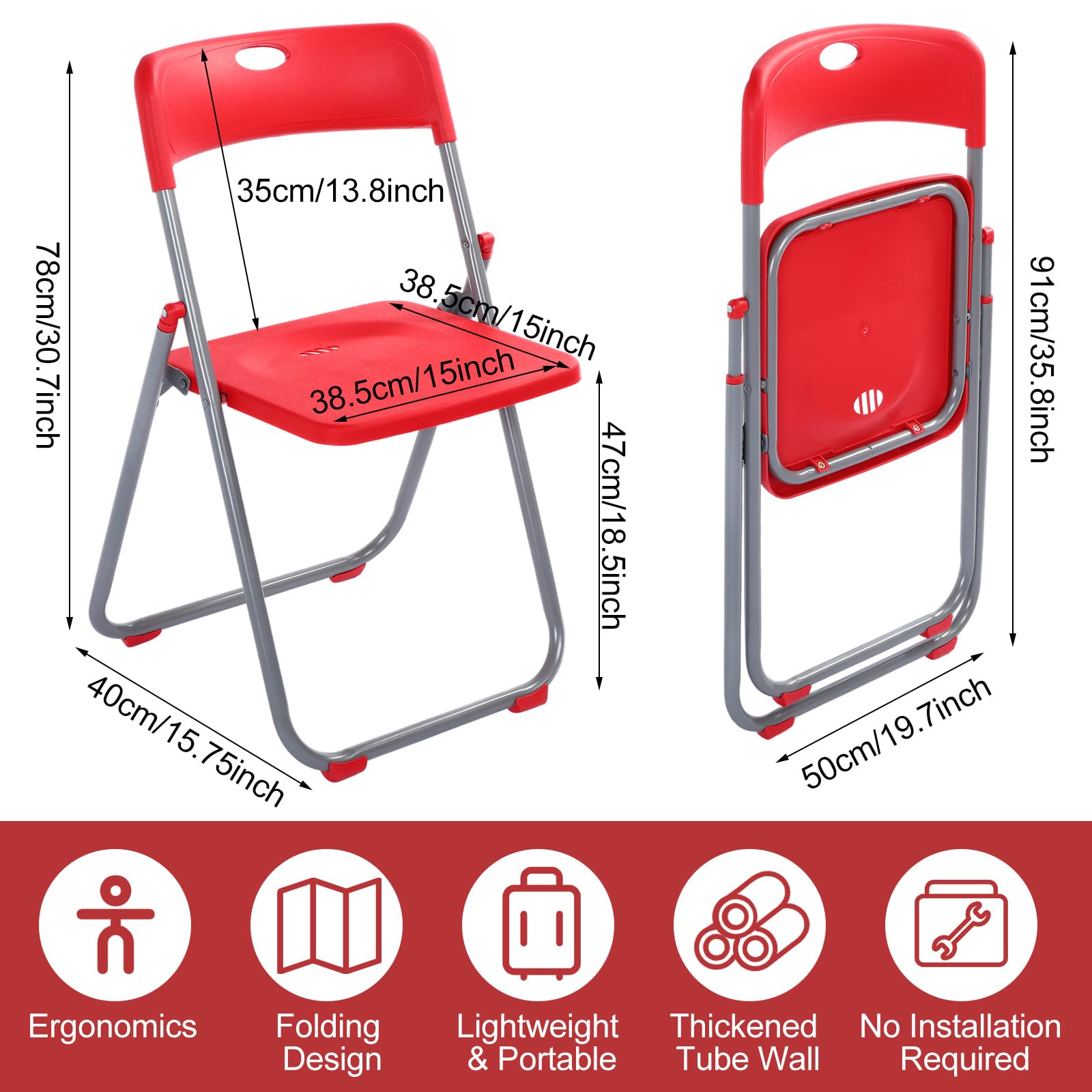 8 Pack Folding Plastic Chairs Pack Steel Folding Dining Chairs Folding Chairs Bulk Fold Up Event Chairs Portable Plastic Chairs with Steel Frame 440lb for Events Office Wedding Indoor Outdoor (Red)