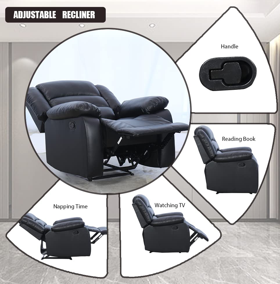 ANJ Black Recliner Chair with Overstuffed Arm and Back, Breathable Faux Leather Manual Reclining Chairs, Living Room Single Sofa Recliners