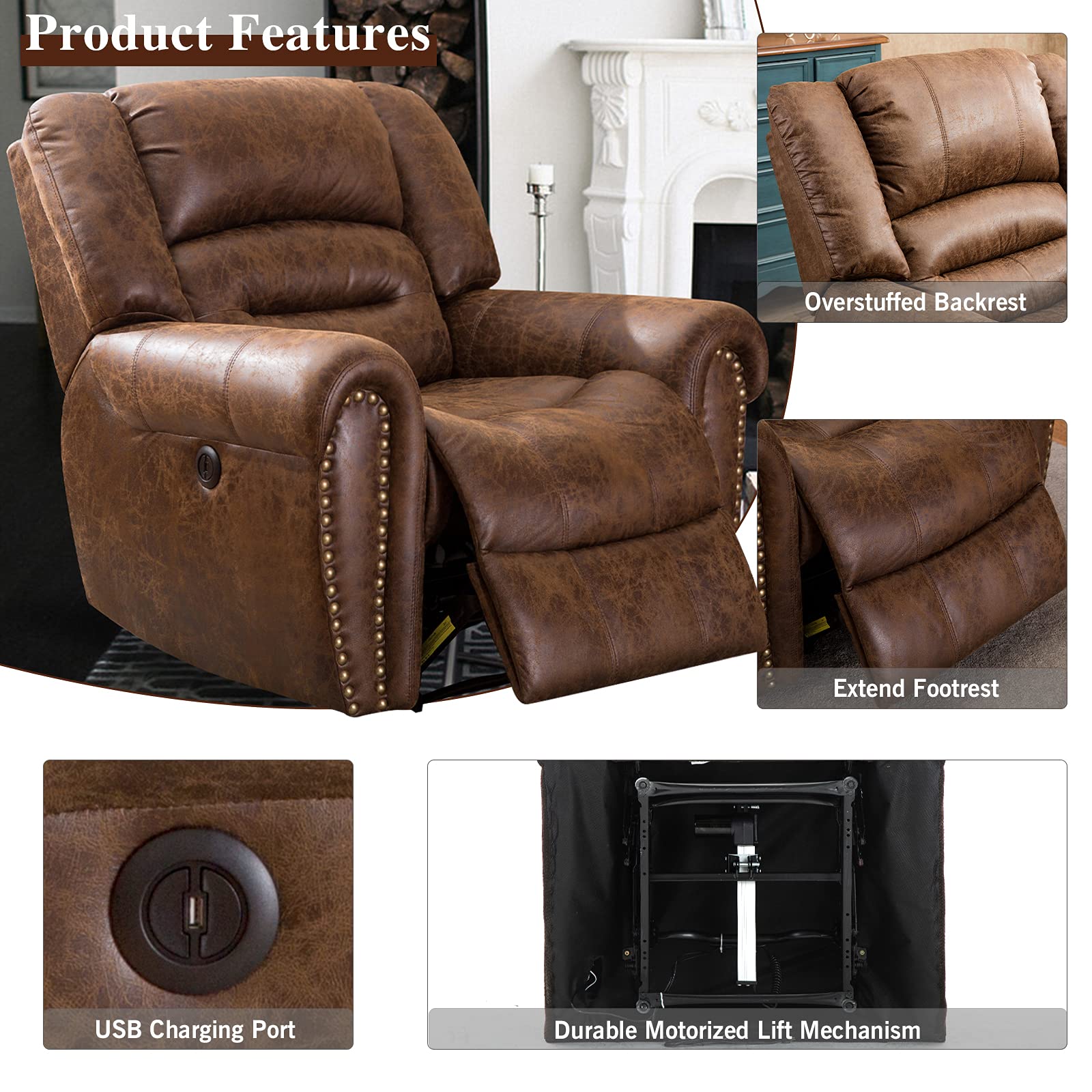 ANJ Electric Recliner Chair W/Breathable Bonded Leather, Classic Single Sofa Home Theater Recliner Seating W/USB Port (Nut Brown)