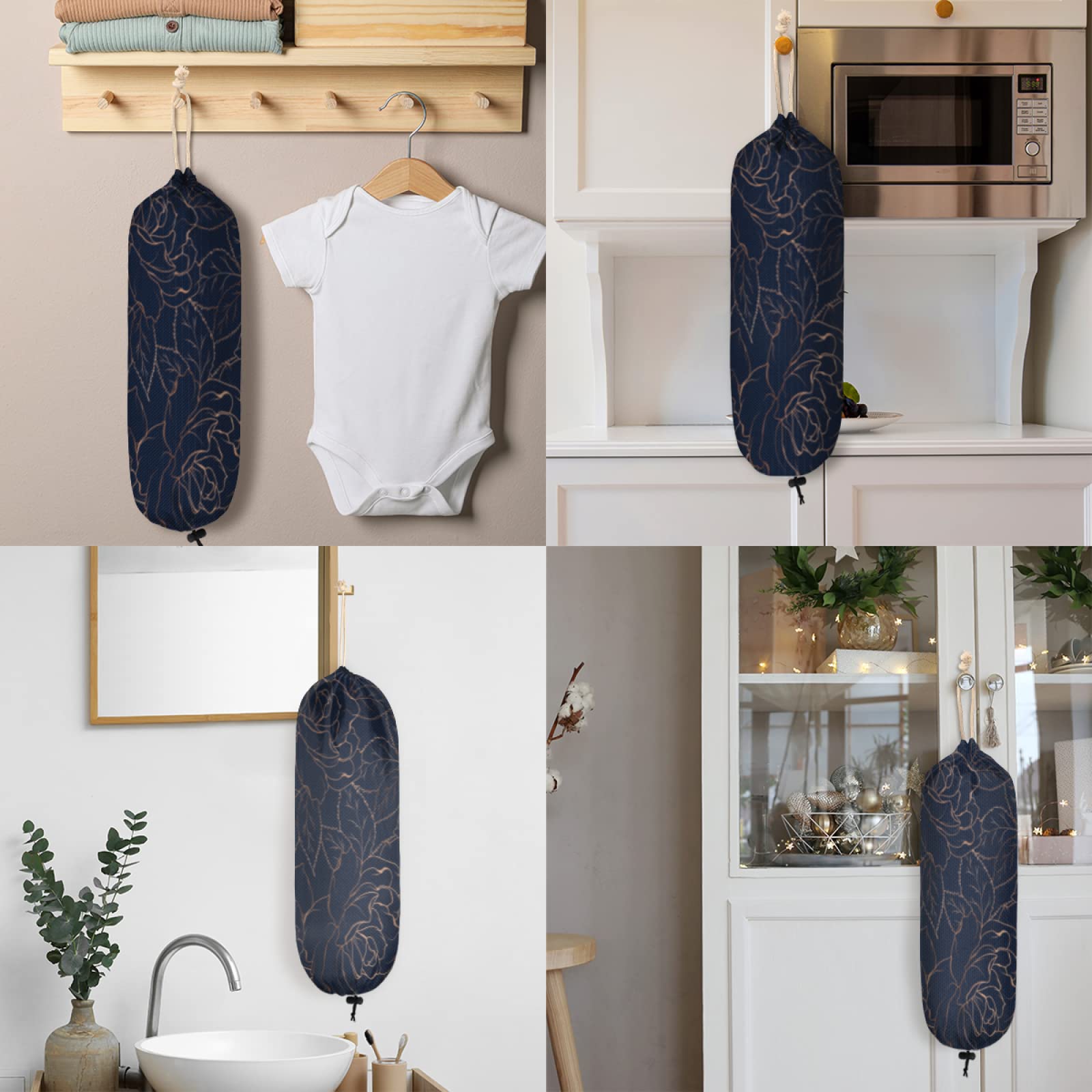Abstract Floral Plastic Bag Holder, Art Rose Flower Grocery Bag Storage Holder Hanging Garbage Shopping Bag Trash Bags Organizer for Kitchen Home