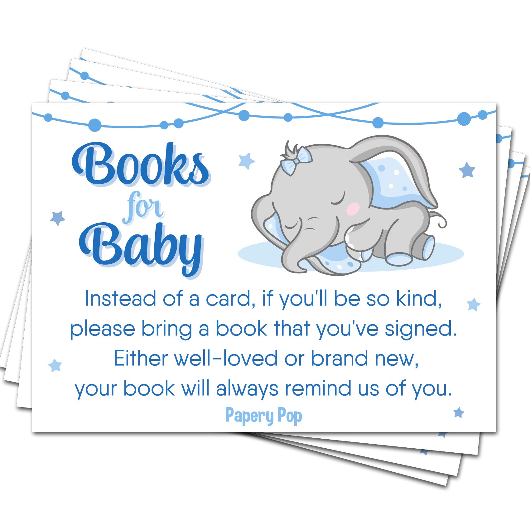 50 Books for Baby Shower Request Cards for Boy (50 Pack) - Elephant - Bring a Book Instead of a Card - Baby Shower Invitations Inserts Supplies