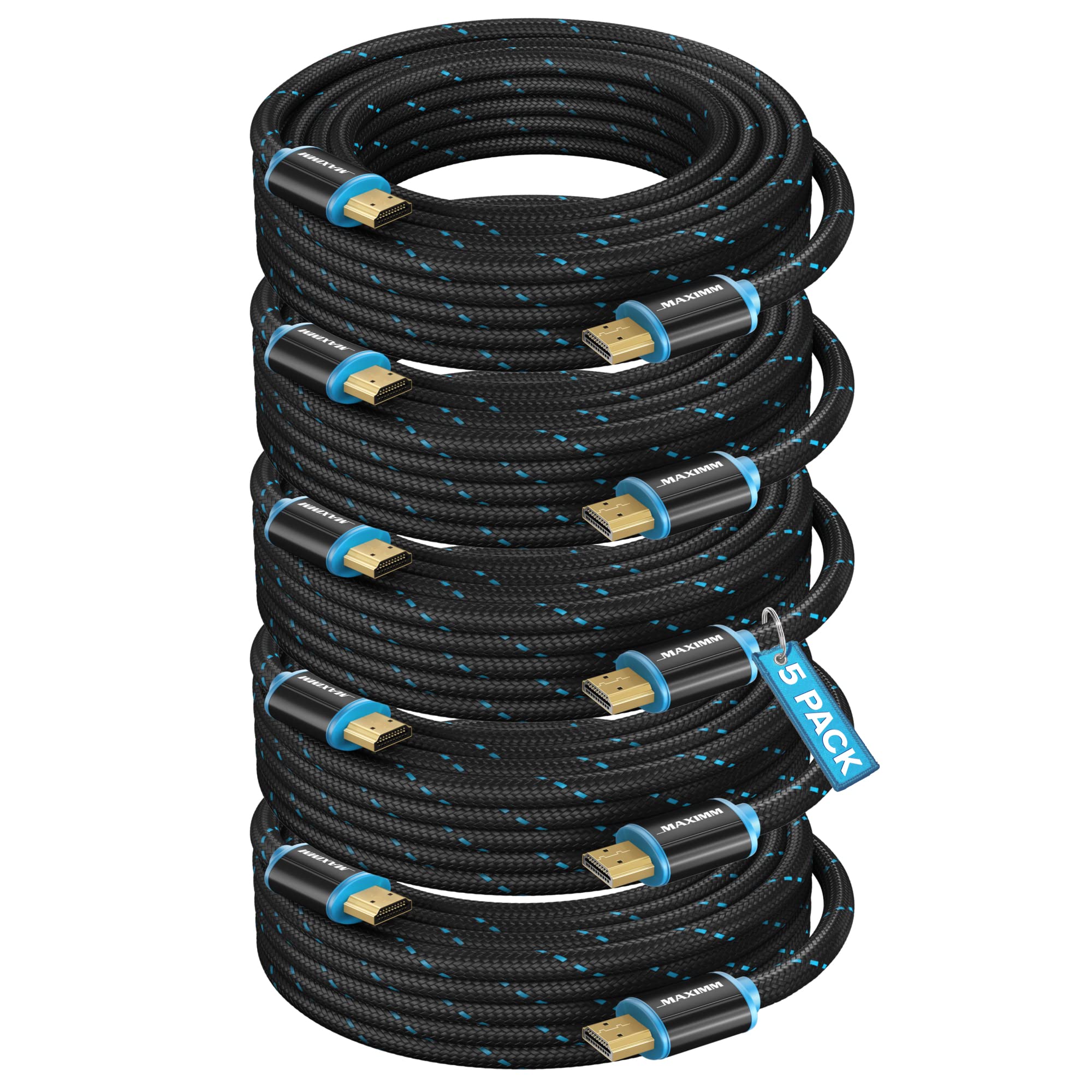 HDMI Cable 4K Ultra HD 25 Foot (5 Pack) Nylon Braided HDMI 2.0 Cable, High Speed 18Gbps 4K60Hz HDR, 3D, 2160p, 1080p, HDCP 2.2, ARC, HDMI Cables for Monitors, HDTV