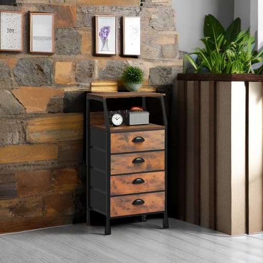YITAHOME Nightstand Dresser with 4 Drawers, Shelf with Drawers for Bedroom, Hallway, Entryway, Closets, with Sturdy Steel Frame, Wood Top, Easy Pull Handles, Rustic Brown Wood Grain Print