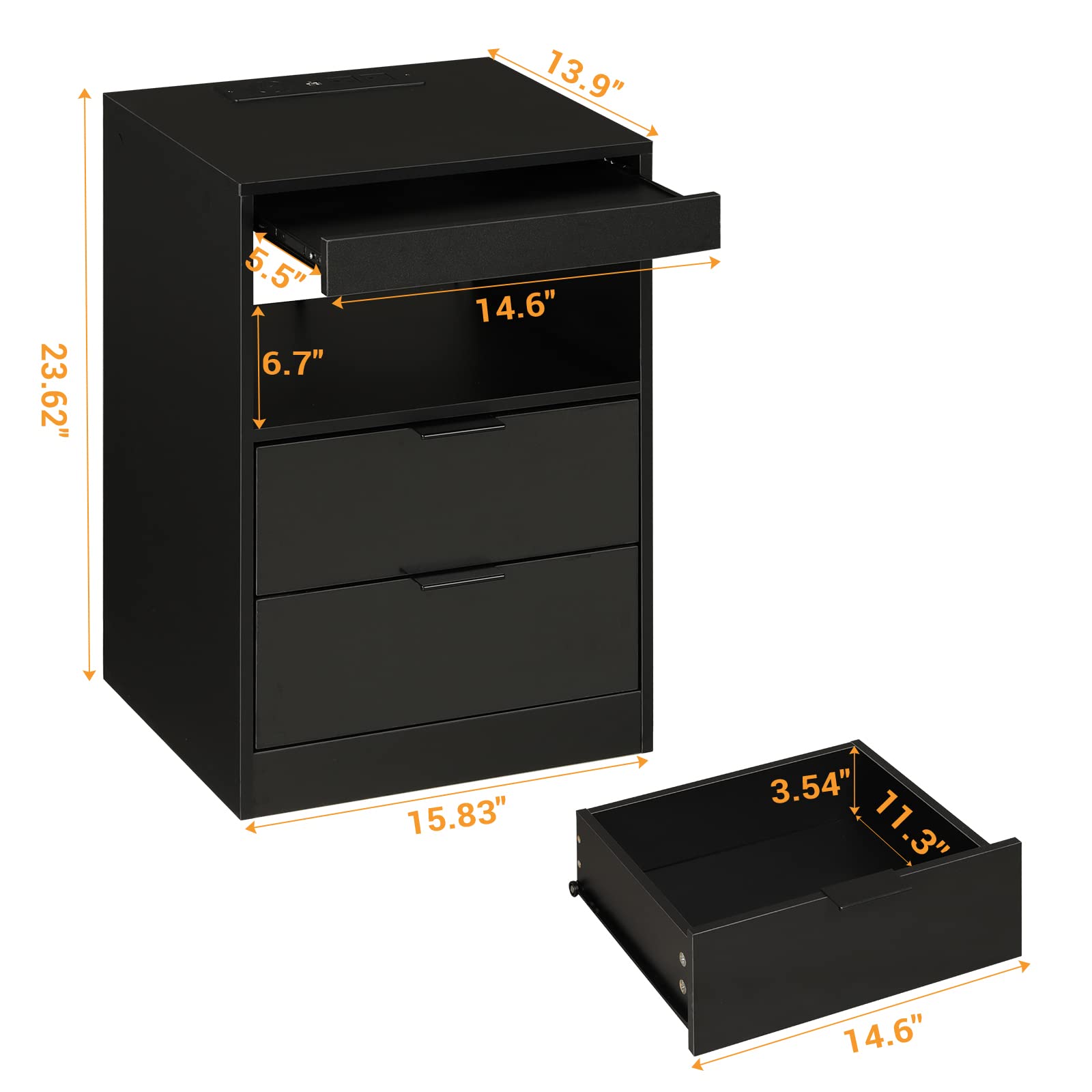 Tiptiper Black Nightstand with Wireless Charging Station and LED Lights, Bedside Table with 2 Drawers, Open Storage, 1 Pull-Out Tray, End Side Table with Charging Station, LED Night Stand with Storage