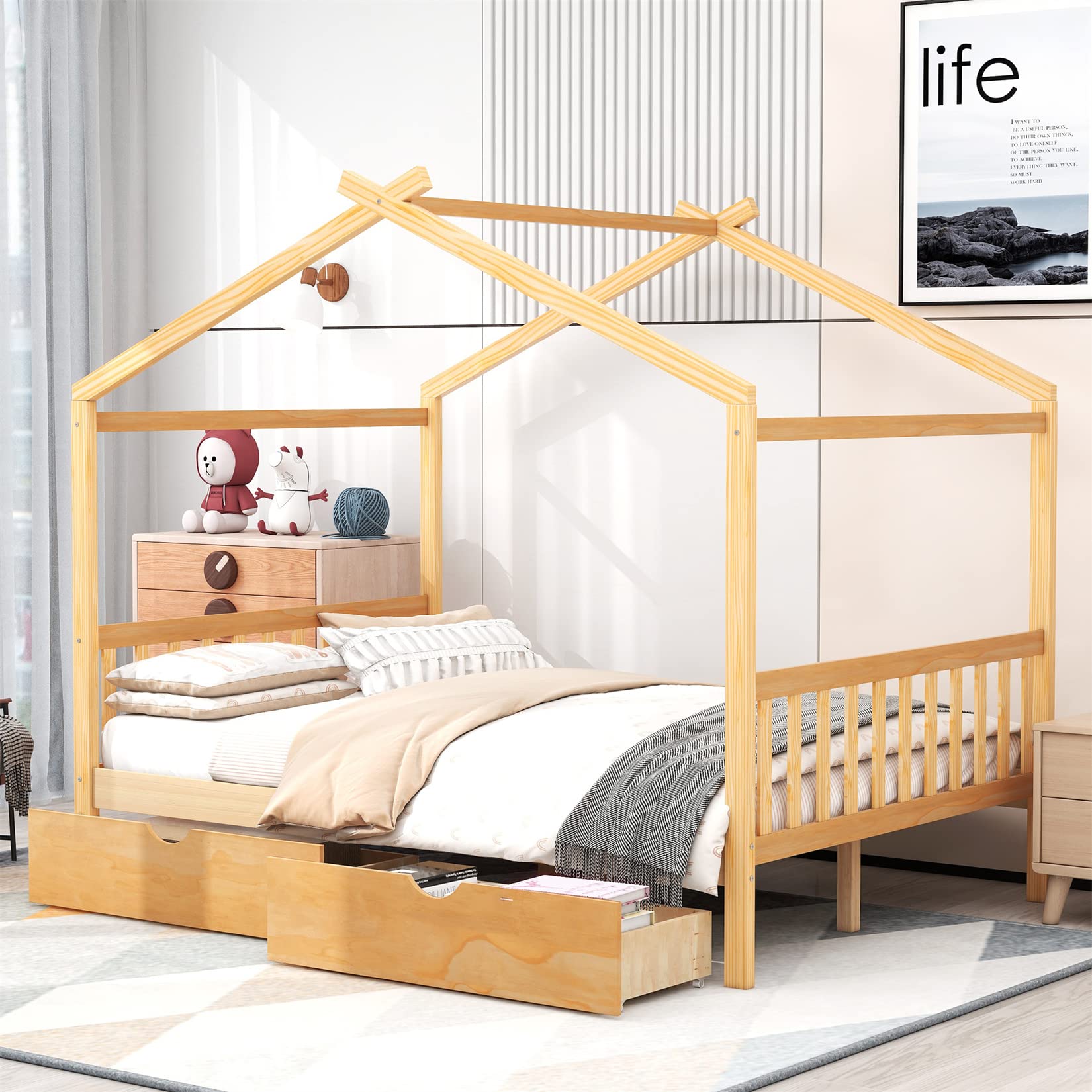 Bellemave Full House Bed with Storage Drawers Natural Montessori Beds Wood Beach Bed Frame Cottage Beds for Kids Girls Boys Teens, Full Size