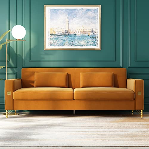 ANTTYBALE 85.63" Velvet Sofa,Modern Loveseat Couch with Pillows Set of 2 for Living Room,Bedroom,Apartment Furniture with Gold Metal Legs (Orange)