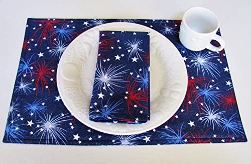 Fireworks & Stars Patriotic Cloth Napkins (Set of 2) Made in USA Patriotic Cotton Navy Blue/Red/White Glitter