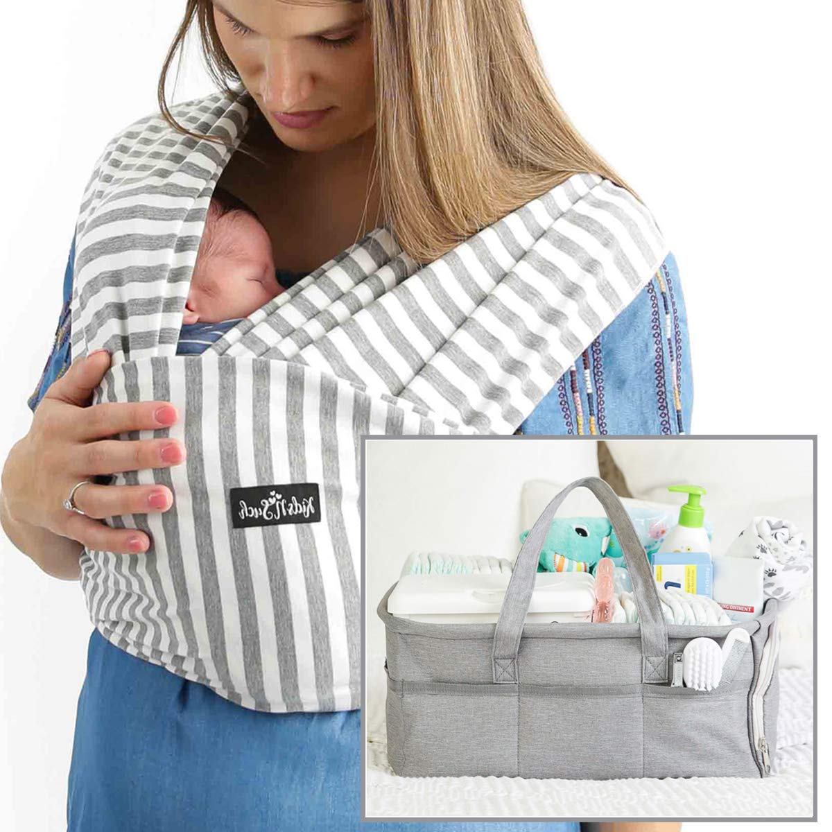 4 in 1 Baby Wrap Carrier and Diaper Caddy Organizer Bundle - Ring Sling- Grey and White Stripes Cotton