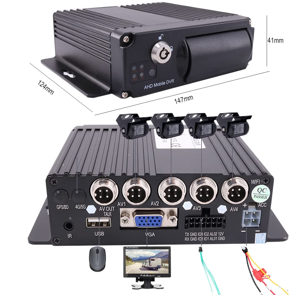 JOINLGO 4-CH H.265 1080P AHD Car Camera System Mobile Vehicle Car DVR Loop Real-time Video Record 4Pcs 2.0MP HD Waterproof IR Rear Back Side View Car Cameras 7 inches VGA Monitor (H.265 mdvr)