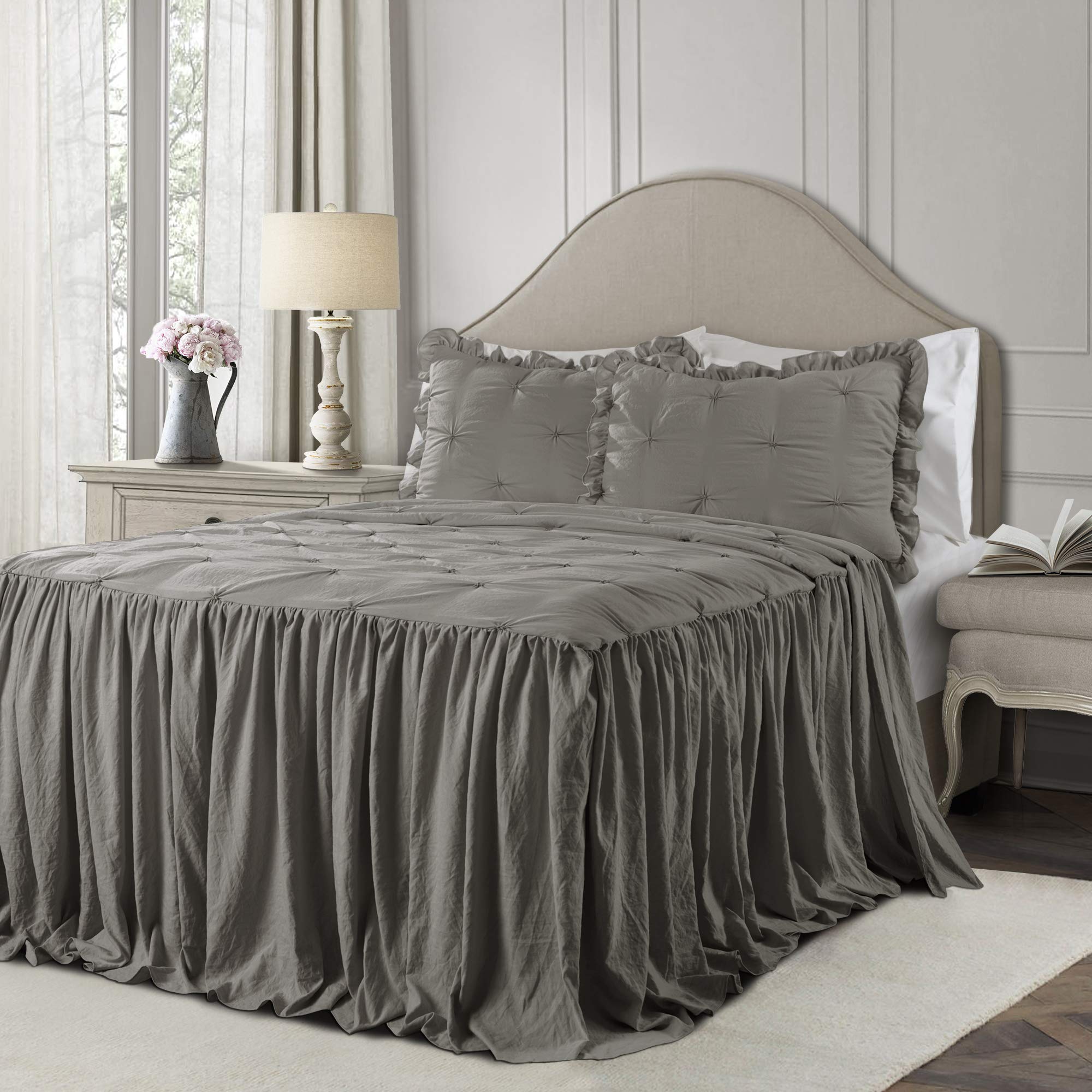 Lush Decor Ravello Pintuck Ruffle Skirt Bedspread Set - Luxe 2 Piece Ruffled Bedding Set - Traditional Glam & Farmhouse Inspired Bedroom Decor - Twin, Dark Gray