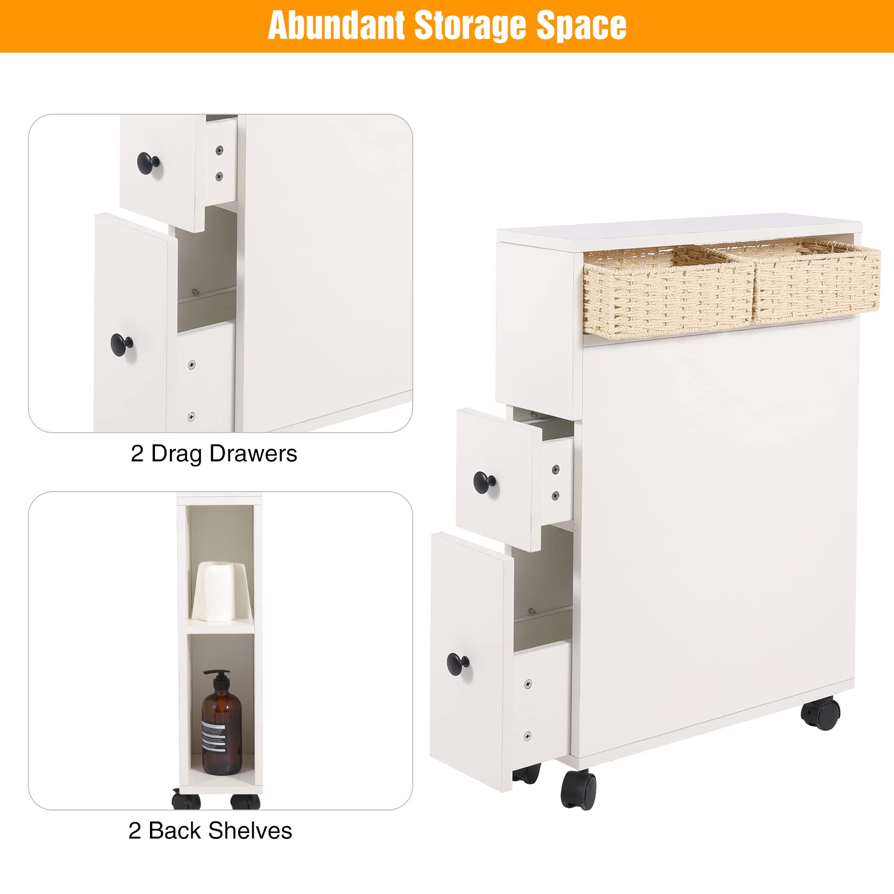 ALBOMI Slim Bathroom Storage Cabinet, Movable Narrow Toilet Paper Holder with Wheels and Drawers, Free Standing Small Bathroom Organizer for Small Spaces, 6" W x 20" D x 27.8" H, White