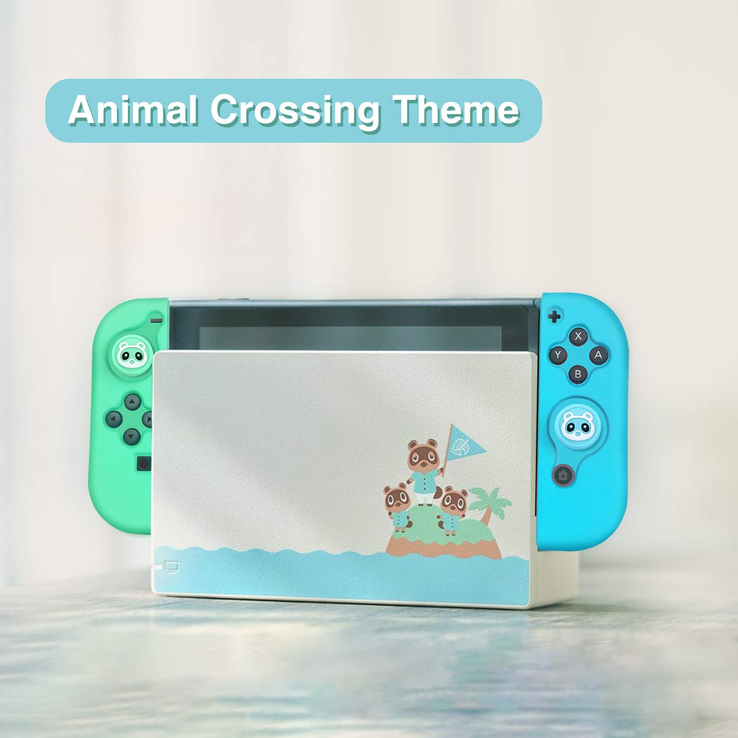6amLifestyle 4 Pack Thumb Grip Caps with 2 Pack JoyCon Silicone Cover for Nintendo Switch, Blue& Green Joy-Con Controller Gel Guards with Raccoon Flower Cute Joystick Caps