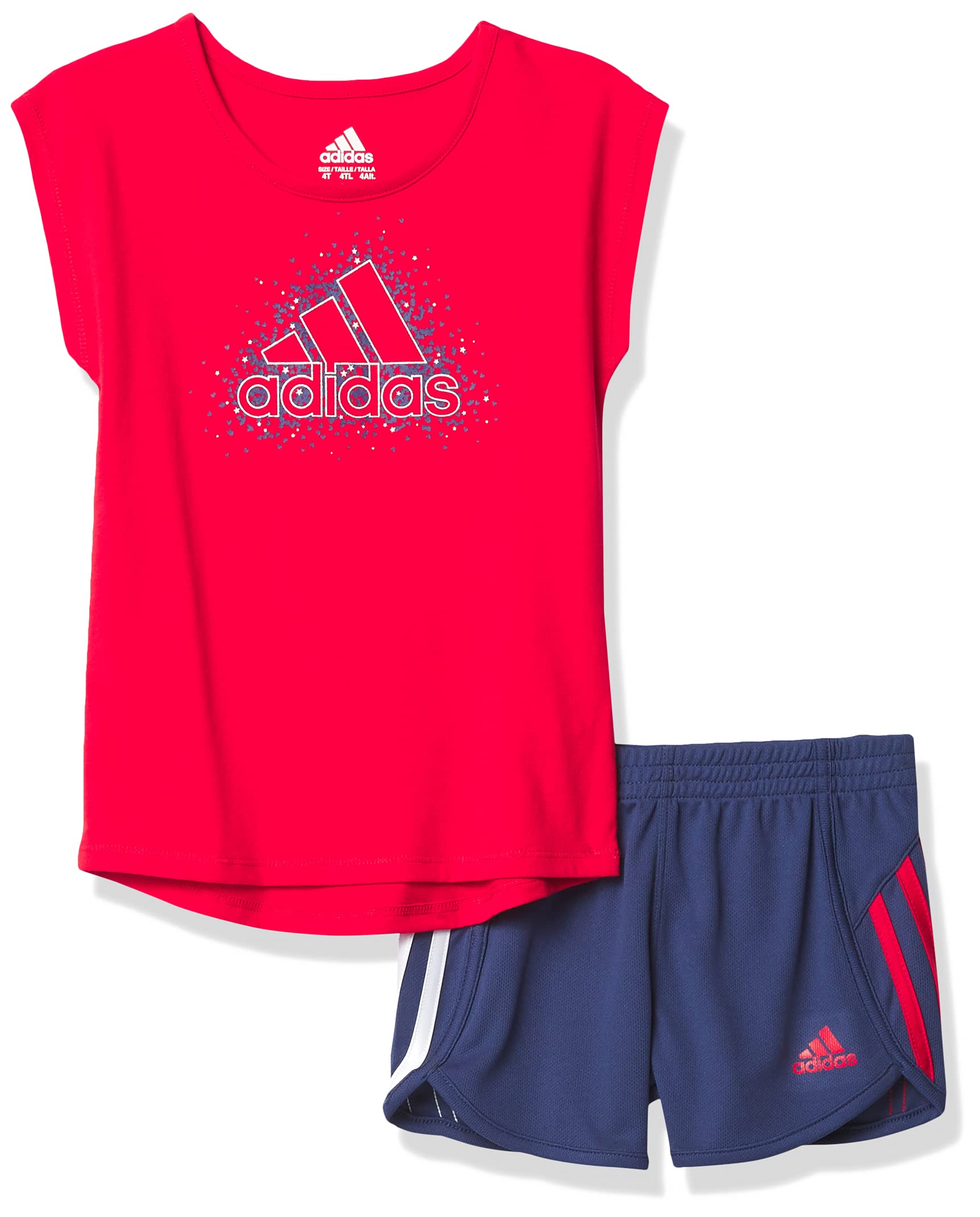 adidas Girls Sleeve Graphic Tee and Shorts Set, Vivid Red, 4
