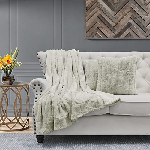 Home Soft Things 3 Piece Throw Pillow Set Rabbit Faux Fur Super Soft Comfy Fluffy Throw 2 Accent Square Pillowcases, Oatmeal, 50'' x 60''