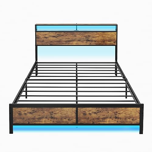 Anwickhomk Modern Industrial Full Size Bed Frame with LED Lights and 2 USB Ports,with Wood Shaving Headboard and Platform Bed Frame,Bearing Capacity Up to 900 LBS