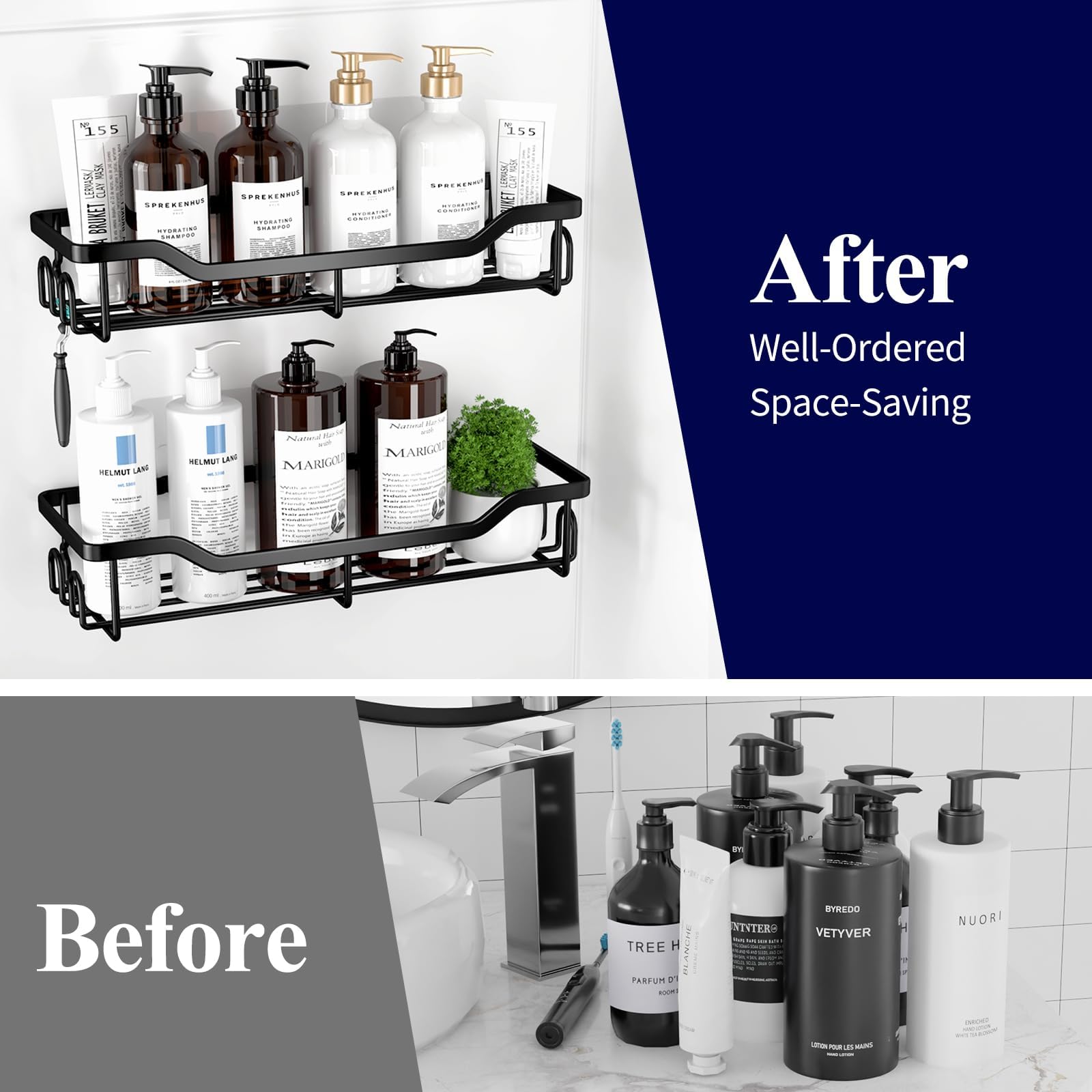 Kitsure Shower Caddy Large - Adhesive Shower Organizer, Stainless Steel Shower Shelf for Inside Shower, No Drill Bathroom Organizers and Storage, Home Decor Accessories, 2 Pack, Black