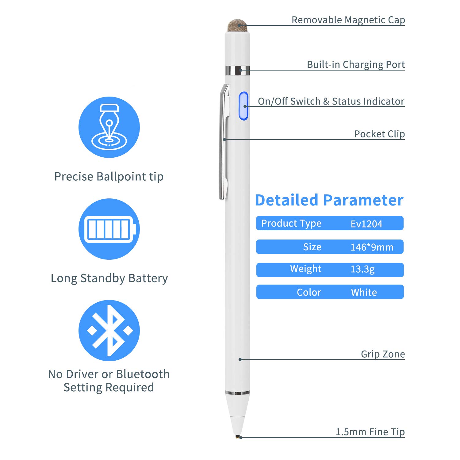 Evach Active Stylus Digital Pen with Ultra Fine Tip Stylus for iPad iPhone Samsung Tablets, Compatible with Apple Pen,Stylus Pen for iPad Pro, White