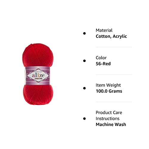 55% Cotton 45% Acrylic Alize Cotton Gold Yarn 1 Skein/Ball 100 gr 360 yds (56-Red)
