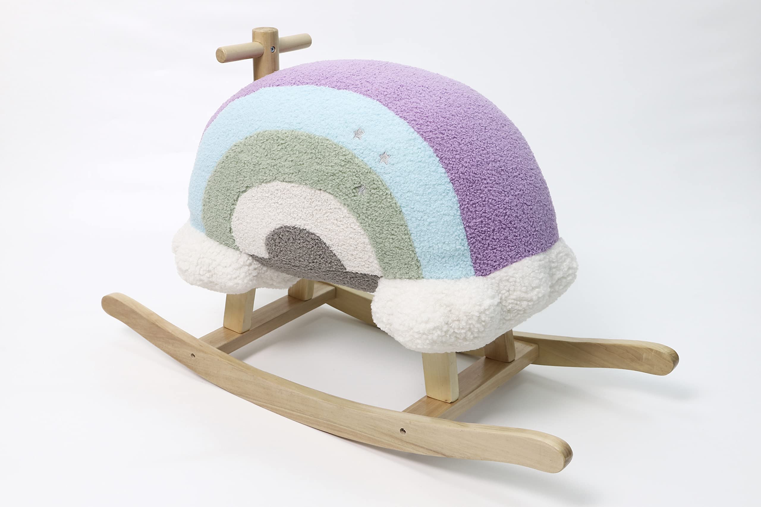 Hopscotch Squad Rainbow Rocker Fully Assembled Natural Wood Rocking Horse with Soft Fleece Multi-Color Puffy Plush Clouds