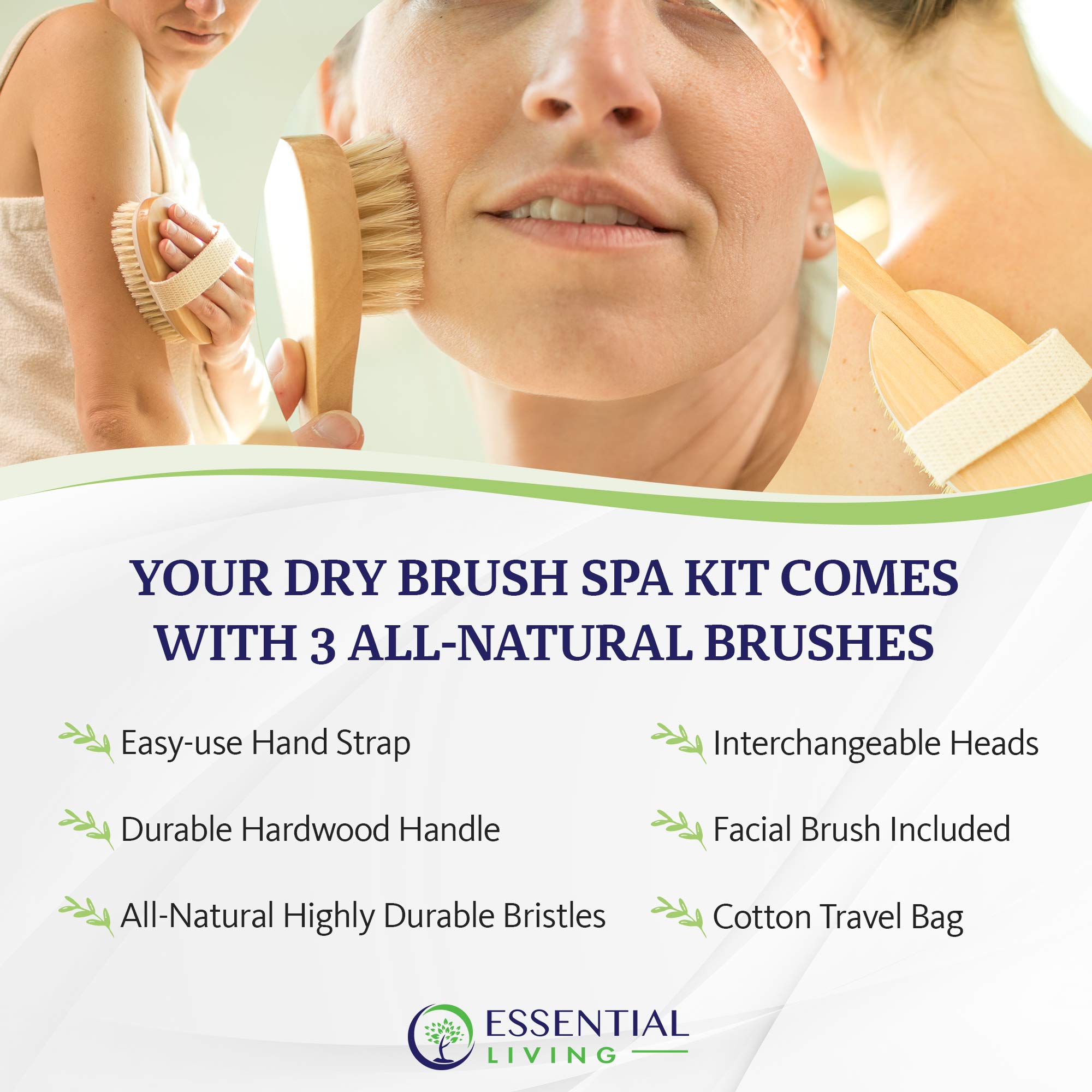 Essential Living: 3-Piece Dry Brushing Spa Kit - 1 Face Brush, 2 Body Scrub Brushes and a Cotton Bag - Body and Skin Care for Exfoliation, Blood Circulation and Lymphatic System Stimulation Support