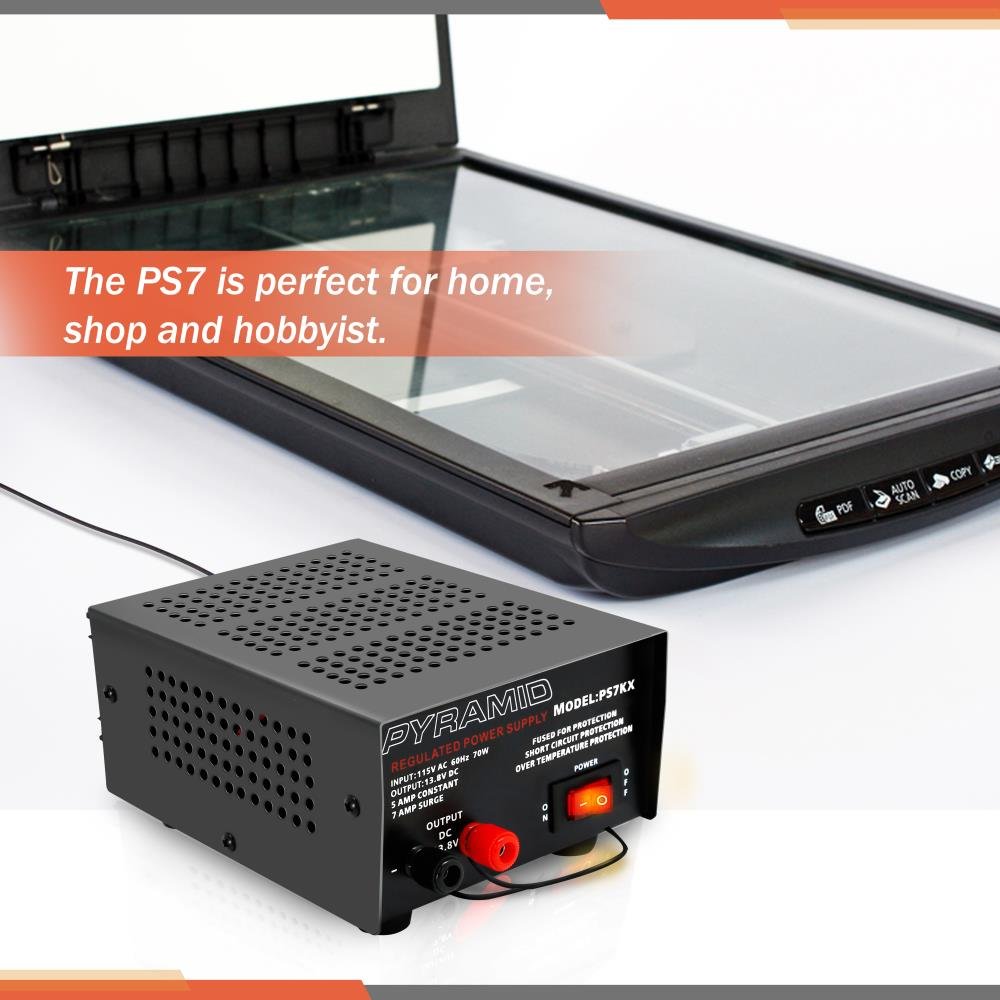 Pyramid Universal Compact Bench Power Supply - 5 Amp Linear Regulated Home Lab Benchtop AC-to-DC 12V Converter w/ 13.8 Volt DC 115V AC 70 Watt Power Input, Screw Type Terminals, Cooling Fan - PS7KX