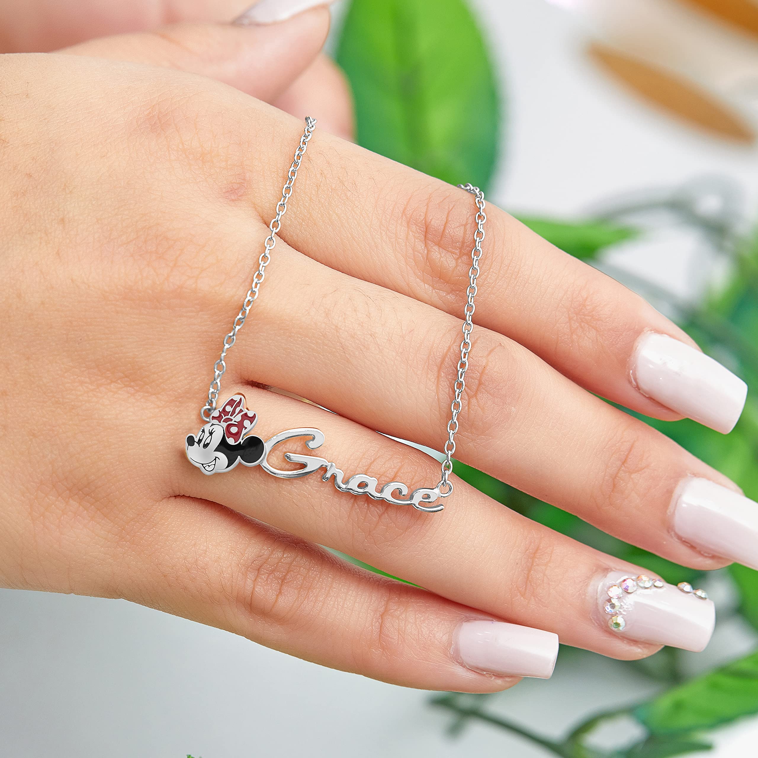 Disney Minnie Mouse Custom Name Necklace - Sterling Silver Name Necklace Personalized, Minnie Mouse Face