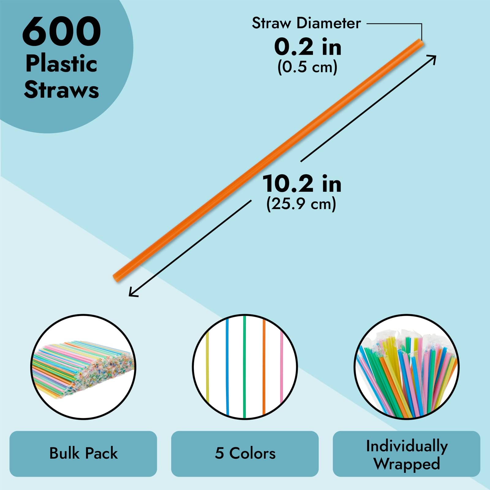 600-Pack Colorful Individually Wrapped Plastic Drinking Straws, Extra Long, Bulk, Disposable Party Supplies, 5 Colors (10.2 in)