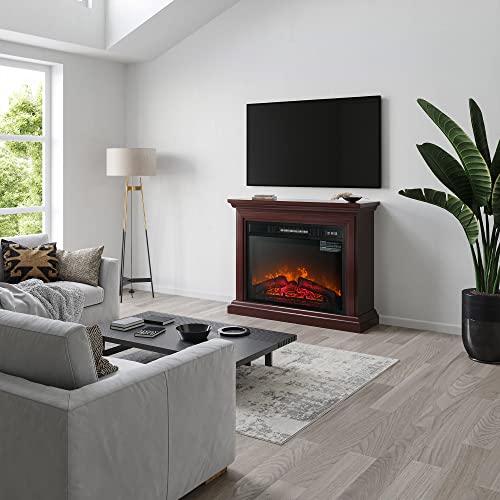 BELLEZE 31 Inch Mantel with 23 Inch 1400W Electric Fireplace Compact Freestanding Remote Controlled Heater with Realistic LED Flames, for Living Room or Bedroom - Brown