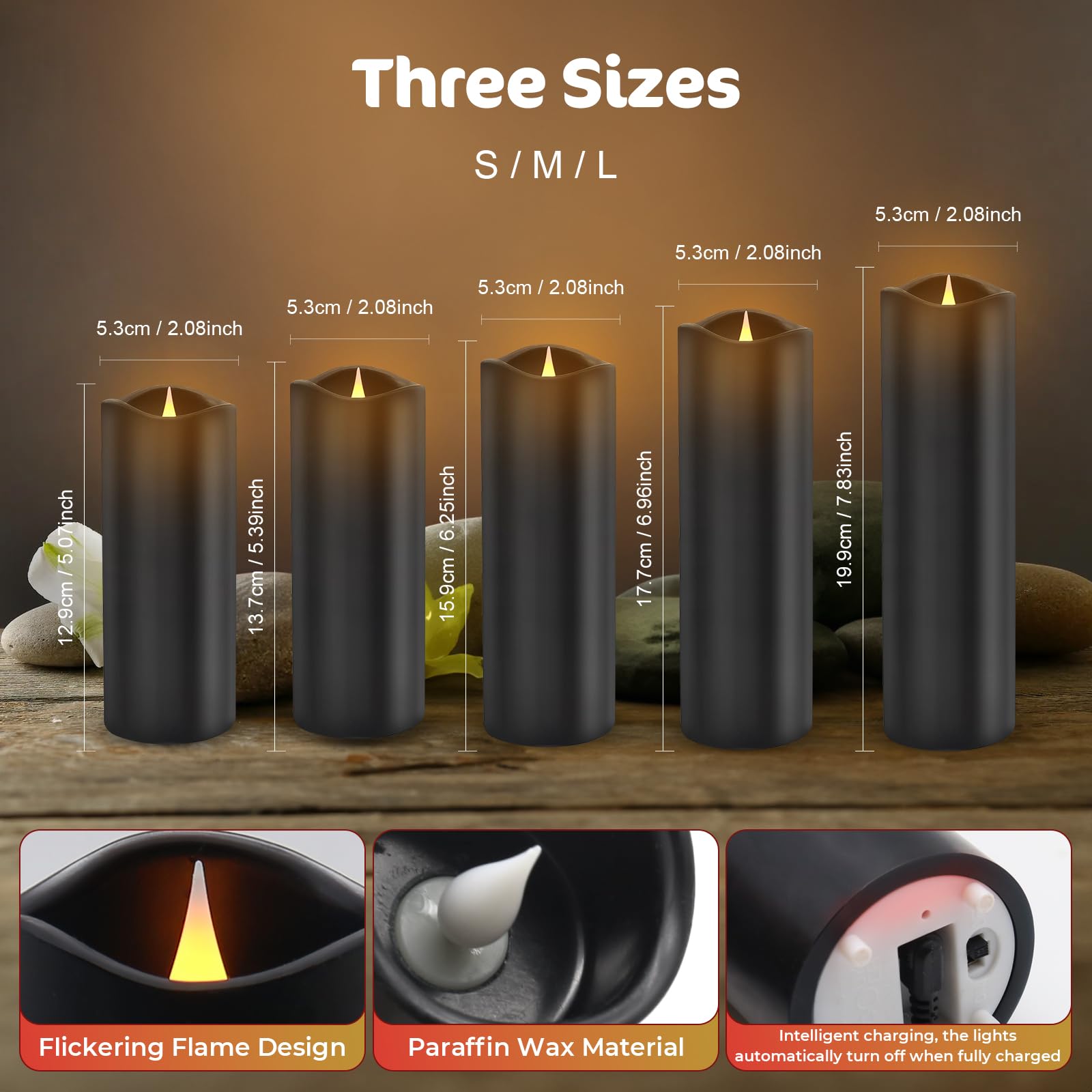 ALED LIGHT Black Real Wax Rechargeable Flameless Candles Flickering Realistic,Rechargeable LED Pillar Candles with Remote for Home Decor Idea Gift,Pack 5(D 2.2”X H 5”5.5”6”7”8”)