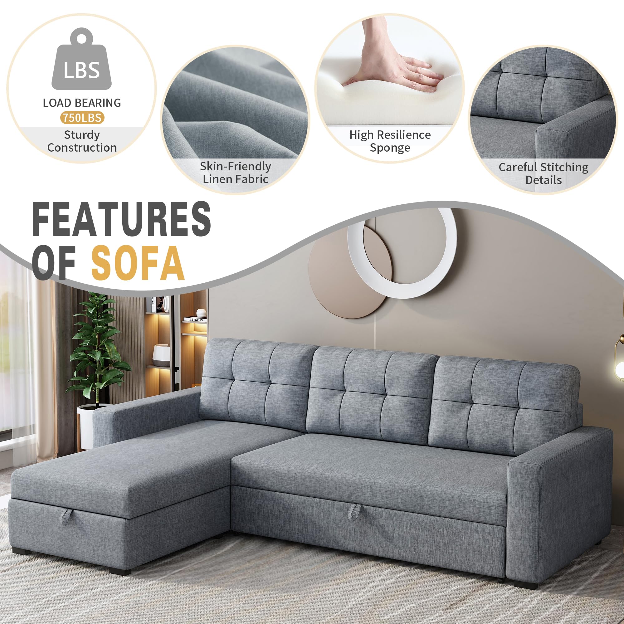 ACQCA 81.5" Sectional Sleeper Sofa with Storage Chaise, L Shaped Pull Out Couch Bed with 3 Removable Back Cushion for Living Room, Apartment,Office,Light Grey