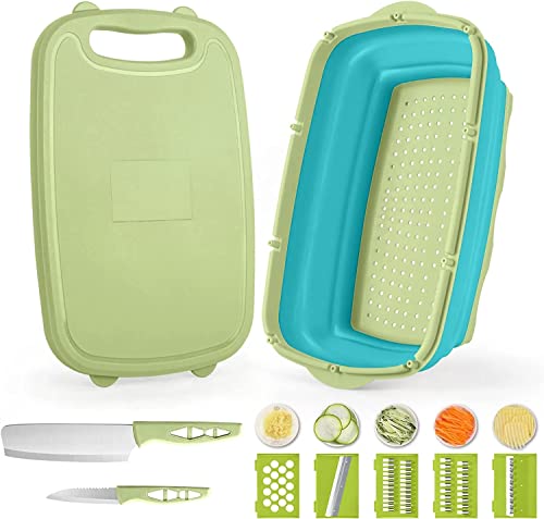 AJH3 ESSENTIALS 9-in-1 Collapsible Cutting Board with Colander and Prep Tub: The Ultimate Meal Prep Station for Any Occasion (Blue/Green)