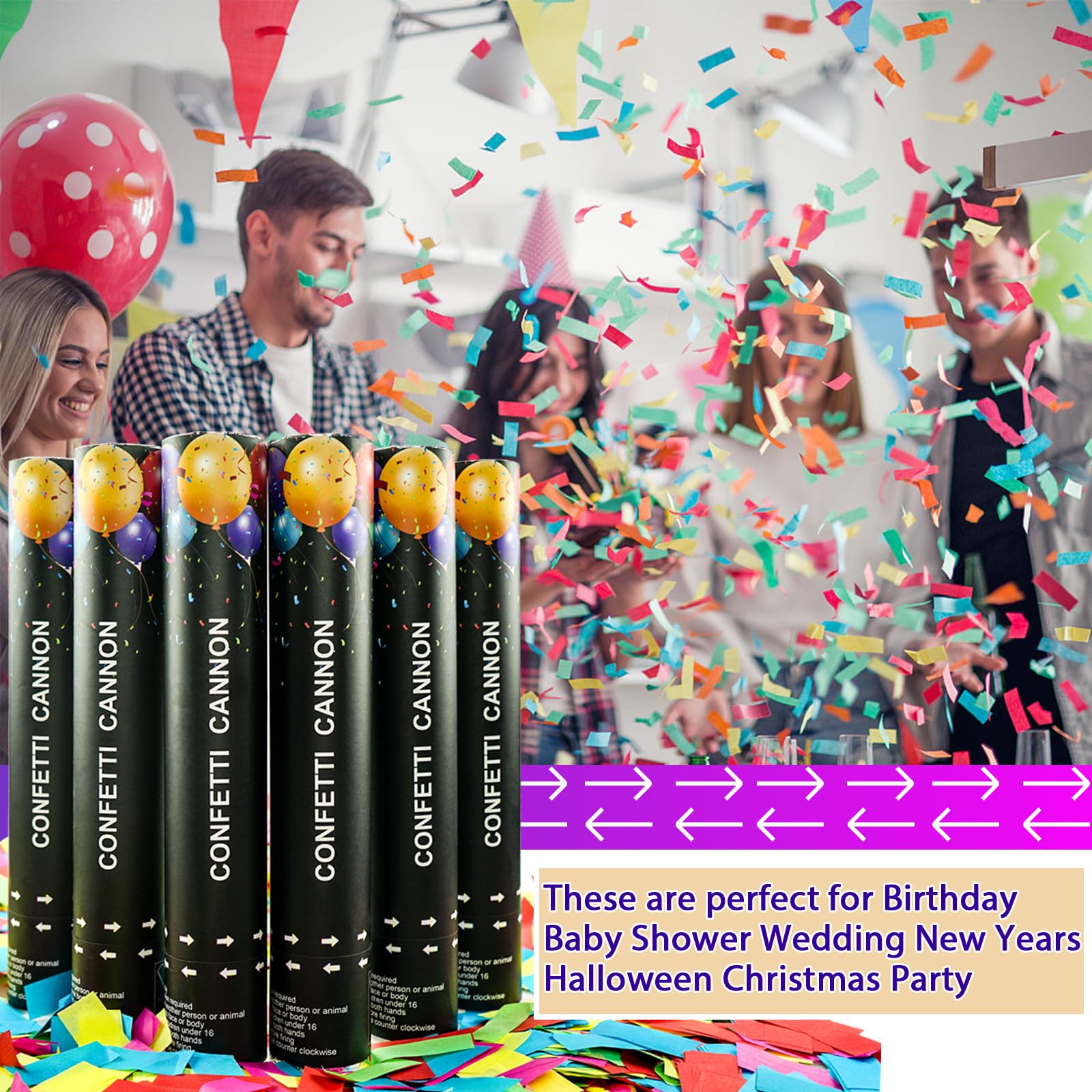 Biodegradable Confetti Cannon 6 Pack - Popper Party 12 Inch Confetti Shooter for Wedding Birthday Graduation Celebration New Year’s Eve Confetti Cannons Launch 20-26 ft