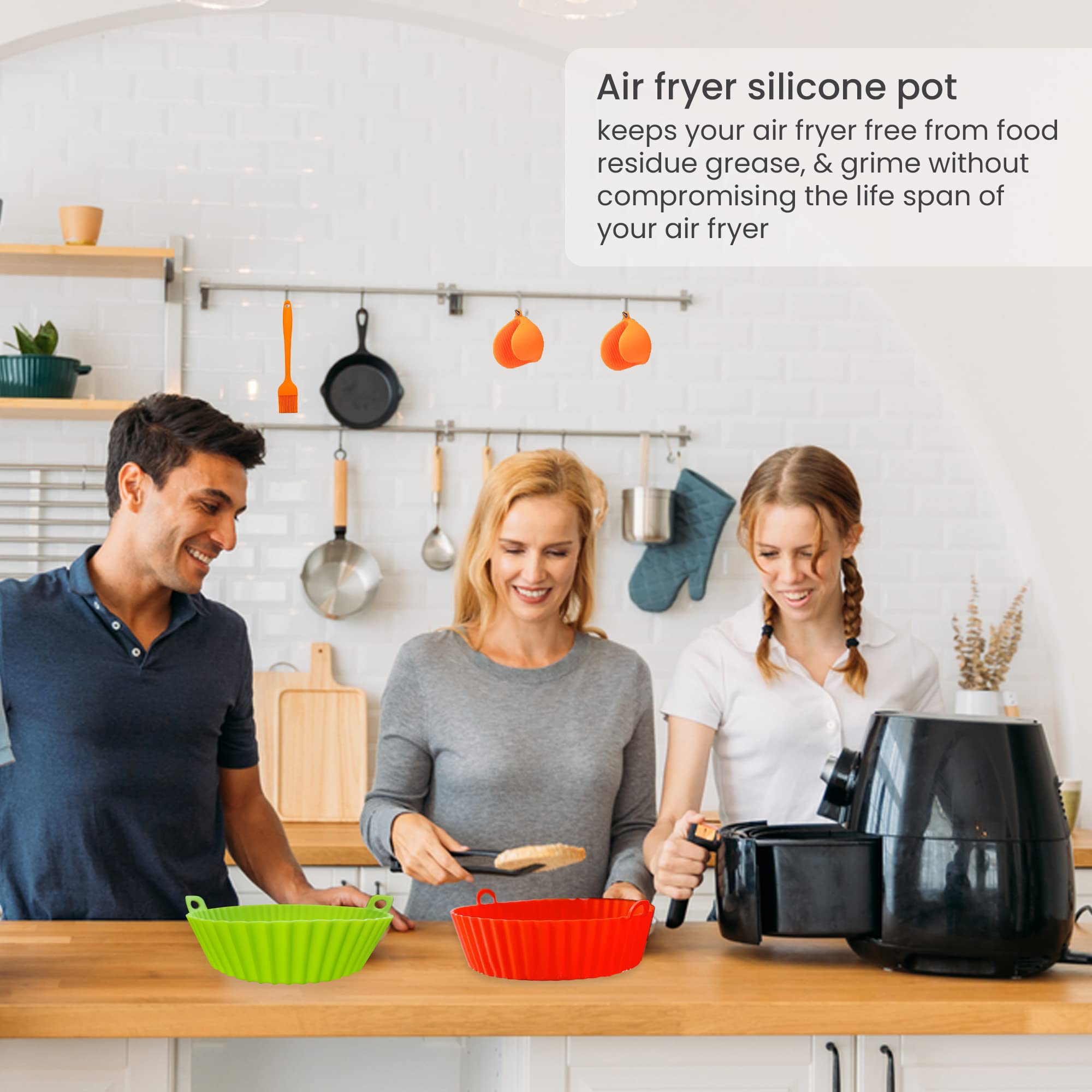 Air Fryer Liners with Oven Mitts and Pastry Brush β 7.5 x 7.5 x 2.5 Inches Reusable Air Fryer Liners Silicone Set with Basting Brush and Oven Gloves β Durable Silicone Material