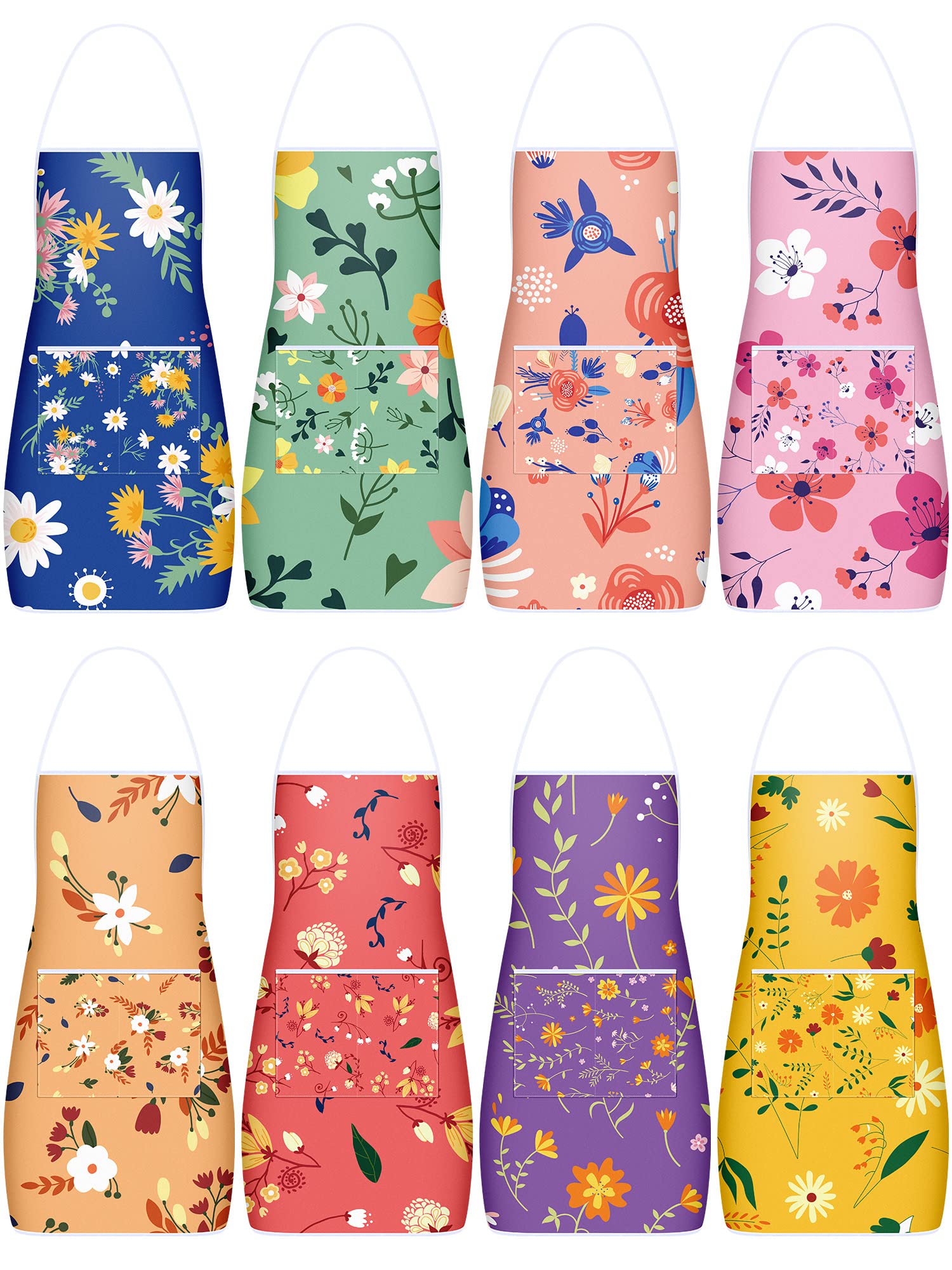 8 Pcs Floral Aprons for Women Retro Kitchen Aprons with Pocket Various Flowers Cooking Apron Vintage Apron Dress for Gardening Baking Birthday Christmas Thanksgiving Gift Mom Wife Grandma, 8 Styles